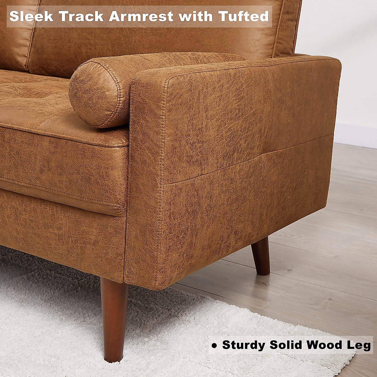 HIFIT Sofa Couch Set for Living Room, Mid Century Modern Faux Leather Sofa with Deep Love Seat & Fluffy Cushion, Living Room Furniture Sets, Small Sectional Couch for Bedroom/Office/Small Space, Brown