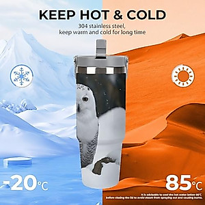 BWQJKUO Large Capacity Car Cup 30 Oz Stainless Steel Snow Owl Printed Travel Mug Leak-proof Flip Straw Tumbler with Handle,keeps Cold Or Ho