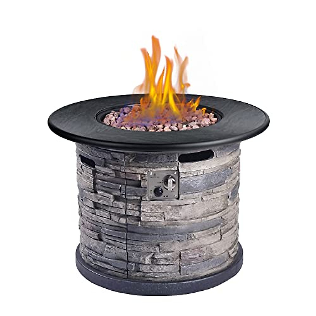 BAIDE HOME 32-Inch Ceramic Fire Table, 50,000 BTU Round Outdoor Propane Fire Pit, Concrete Faux Stacked Stone Base w/Metal Lid, Lava Rocks, Electric Ignition, Cover