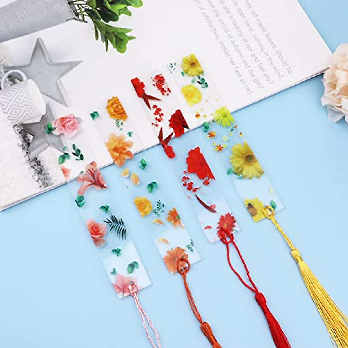 8 Sets Flower Acrylic Bookmarks Transparent Acrylic Bookmarks Cute Floral Bookmarks with Colorful Tassels for Women Teacher Kids Book Lovers