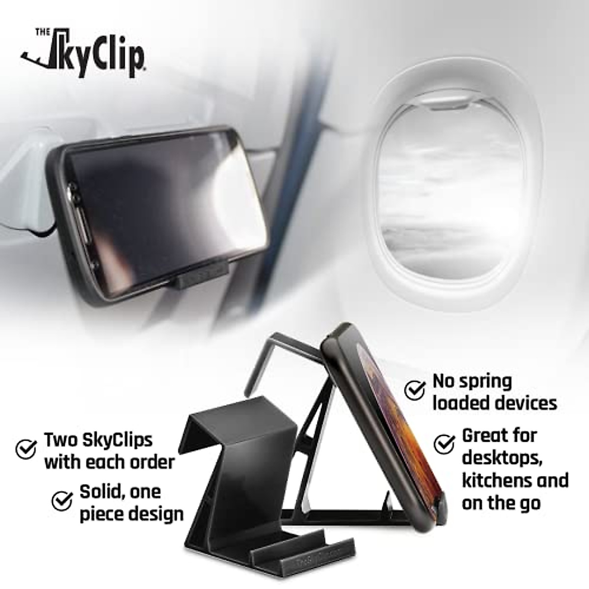 The SkyClip - (Black, 2 Pack Airplane Cell Phone Seat Back Tray Table Clip and Sturdy Phone Stand, Compatible with iPhone, Android, Tablets, and Readers