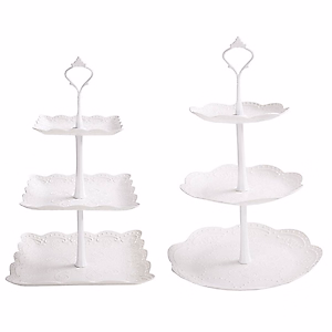 2 Set 3-Tier White Dessert Cake Stand, Plastic Pastry Stand Small Cupcake Stand Cookie Tray Rack Candy Buffet Set Up Fruit Plate and Trays for Wedding Home Birthday Party Decor Serving Platter