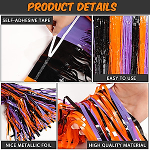 Jexine 6 Pack 9.84 ft Halloween Day Table Skirts Happy Halloween Table Foil Fringe Orange Purple Black Tinsel Table Skirt Metallic Fringe Table Decorations for Tables Supplies(Purple, Orange, Black)