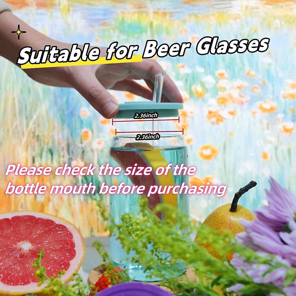 TERESRY 4 Pack Silicone Lids for Glass Cups with Bamboo Lids and Straws, 2.75inch/70mm Silicone Lids for 16OZ Beer Can Cups with Wooden Lids, Replacement Canning Lids for 20OZ 24OZ Glass Cups