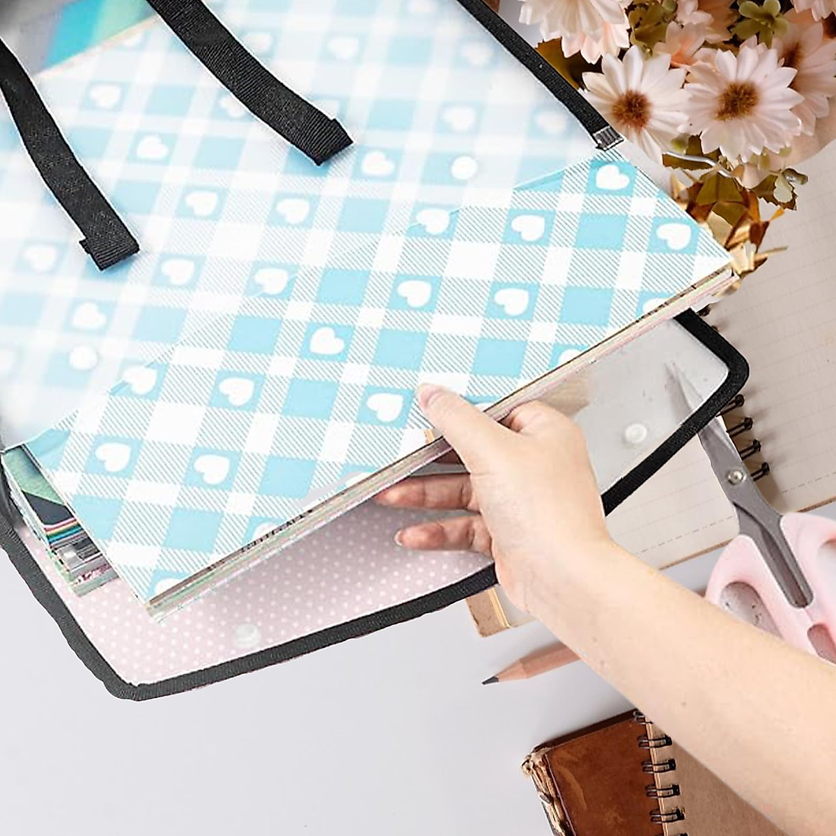 4 Pcs Scrapbook Paper Storage, 14 x 13 x 3.4 Inches Expandable Scrapbook Paper Storage with Portable Handle for Holding 12 x 12 Paper Storage, Files Craft Vinyl Storage Organizer (Black)