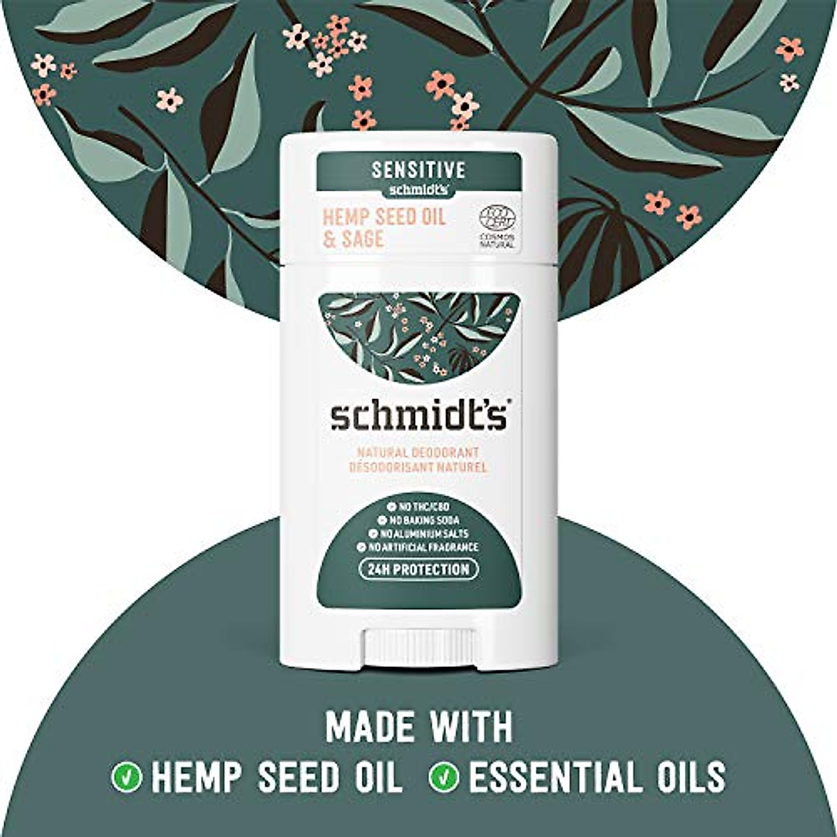 Schmidt's Aluminum Free Natural Deodorant for Women and Men, Hemp Seed Oil and Sage for Sensitive Skin with 24 Hour Odor Protection, Certified Cruelty Free, Vegan Deodorant, 3.25 oz,vetiver,sage,WHITE