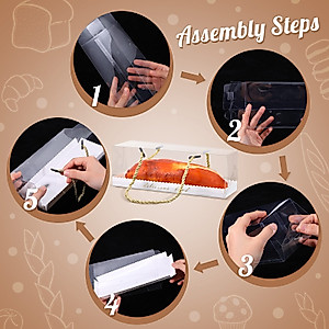 Irenare 30 Pcs Clear Cake Box with Handles Bakery Clear Pastry Cookies Candy Box Rectangular Plastic Cake Roll Container Portable Treat Dessert Gift Boxes for Cupcake, 8.86 x 3.07 x 3.07 Inch (Gold)