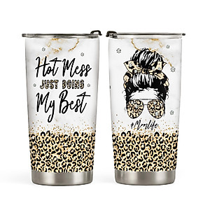 20oz Mom Life Tumbler, Hot Mess Just Doing My Best, Mother, Grandma Gifts, Coffee Thermos for Women, Stainless Steel Double Wall Vacuum Insulated Coffee Mug, Travel Cup with Lid