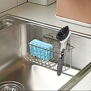 TKISZYZR Sponge Holder and Sink Caddy, 2 in 1 Kitchen Brush Holder No Drilling with Adhesives, Stainless Steel Rustproof Sponge Caddy for Kitchen Sink, Waterproof Sturdy Sink Organizer Rack Basket