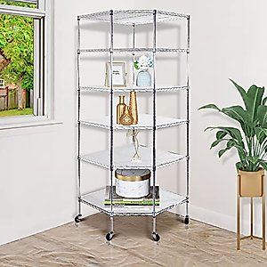 Heavy Duty Shelves Commercial-Grade 6 Tier Corner Shelf, Industrial Corner Bookshelf Steel Wire Shelving with Wheels, Rustic Corner Storage Rack Shelves Display Plant Flower, Stand Bookcase