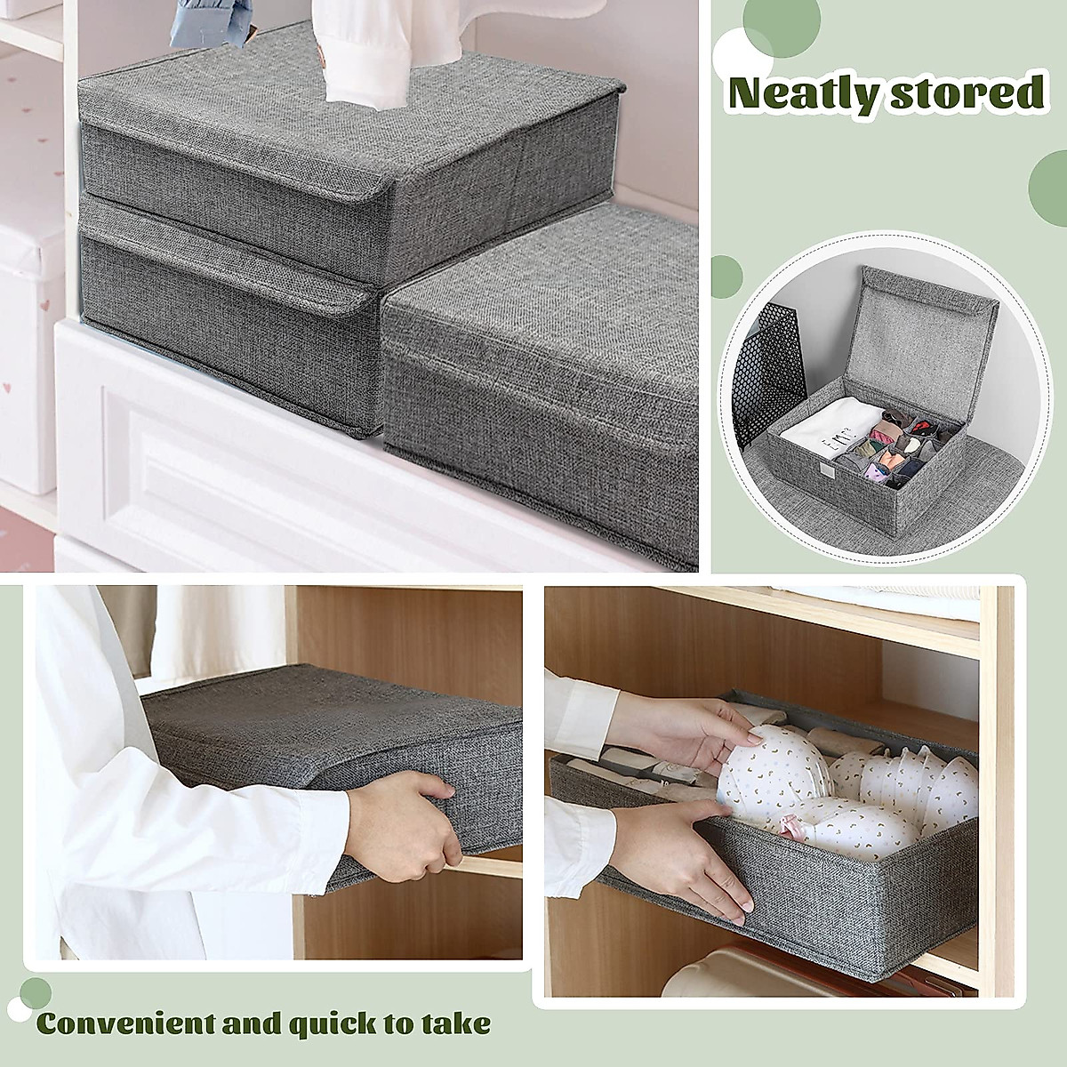 3 Pack Closet Underwear Organizer Storage Box with Lid, 13 Cell Collapsible Dustproof Linen Cabinet Drawer Dividers Organizers, Washable Storage Boxes for Clothes Socks Lingerie Ties Scarves(Gray)