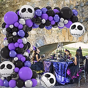 Janinus Halloween Balloons Arch Garland Kit 130PCS Black Purple Sliver Balloons 18 12 5Inch Halloween Balloons Kit With Marble Balloons And Scary Skull Foil Balloons for Halloween Party Decorations