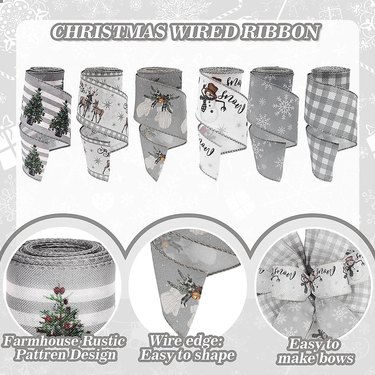 AnyDesign 6 Roll Christmas Wired Ribbon Farmhouse Rustic Craft Ribbon Grey Buffalo Plaid Snowman Snowflake Reindeer Xmas Tree Eucalyptus Gift Ribbon for Xmas Crafts Bow Wreath Gift Wrapping, 30 Yards
