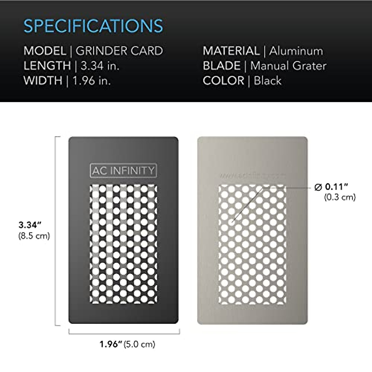 AC Infinity Grinder Card, Black Aluminum Milling Tool with Manual Grater Surface for Pepper, Spices, and Tea