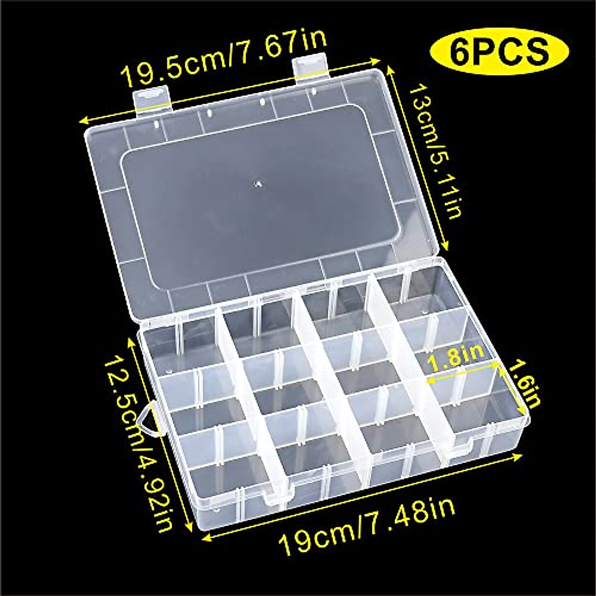 Tellyouwin 6 Pack Organizer Box with Parkical Adjustable Dividers, 12 Grids Plastic Storage Container for Jewelry, Craft DIY, Bead Organizer, Sewing, Dip Powder, Hair Accessories