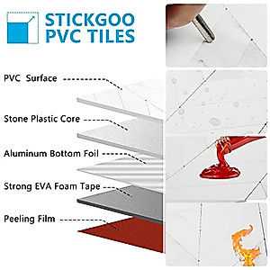 STICKGOO 10-Sheet Herringbone Tile Peel and Stick Backsplash, White Marble PVC Stick on Backsplash, Self Adhesive Wall Tile for Kitchen and Bathroom