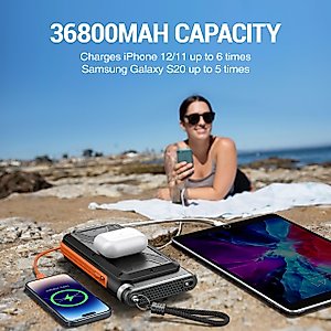Solar Power Bank 36800mAh, Emergency FM Radio & Bluetooth Speaker, Built-in 2 Cables and Kickstand 15W Fast Charging LED Flashlight, USB C Input/Output Compatible with All Mobile Devices (Black)