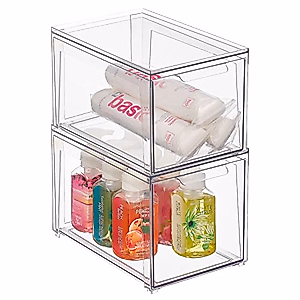 mDesign Plastic Stackable Bathroom Storage with Pull Out Bin Organizer Drawer for Cabinet, Vanity, Shelf, Cupboard, Cabinet, or Closet Organization - Lumiere Collection - 2 Pack - Clear