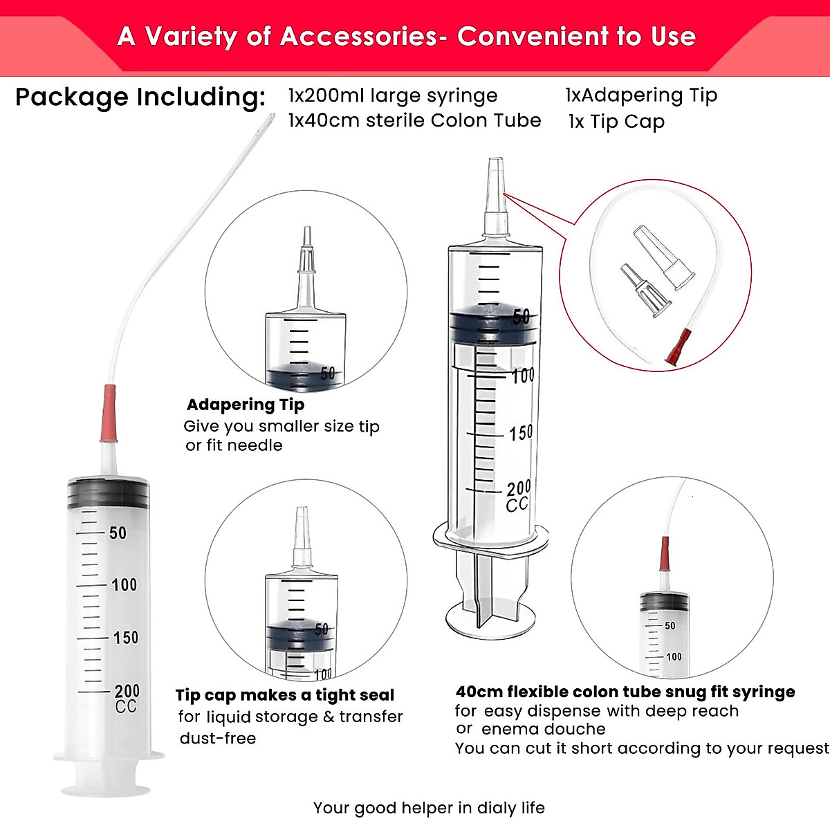 200ml Large Plastic Syringe with Tubing Tip Cap for Liquid Jello Shots Oral Lip Gloss Crafts Epoxy Feeder Pet Watering Party Enema Irrigator Measure Refill Oil Glue Applicator Dispenser without Needle