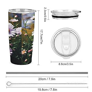 FHENMSA Stainless Steel Insulated Travel Coffee Mug,Daisy Plants Print Reusable Car Cup,Thermal Cup for Outdoor with Straw And Lid