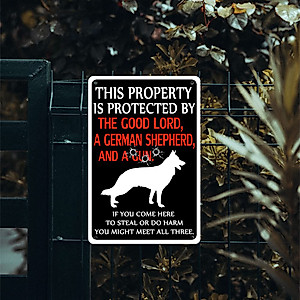 Beware Of Dog Metal Sign Funny Warning Signs For Property Is Protected By German Shepherds Tin Sign Beware Of Dogs Signs For Fence Decorations Outdoor German Shepherd Owner Gifts 8x12 Inches
