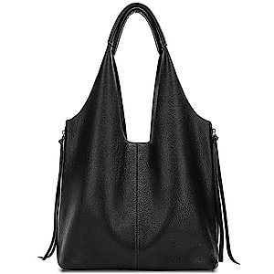 Women genuine leather hobo handbag: large capacity shopping bag tote shoulder purse black