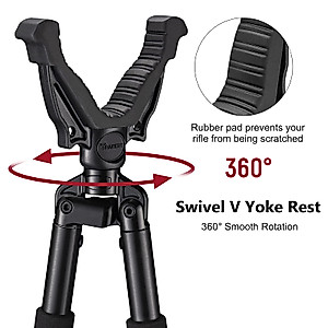 Trakiom Bipod Shooting Sticks for Hunting， Shooting Bipod for Hunting, Adjustable Bipod Shooting Rest, Rifle Bipod with 360° Rubber V Yoke Rest, Twist Lock, Lightweight Aluminum Frame and Spike Feet