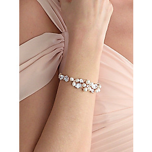 Mariell Pink Rose Gold Plated Cubic Zirconia Crystal Cultured Freshwater Pearl Bridal Wedding Bracelet