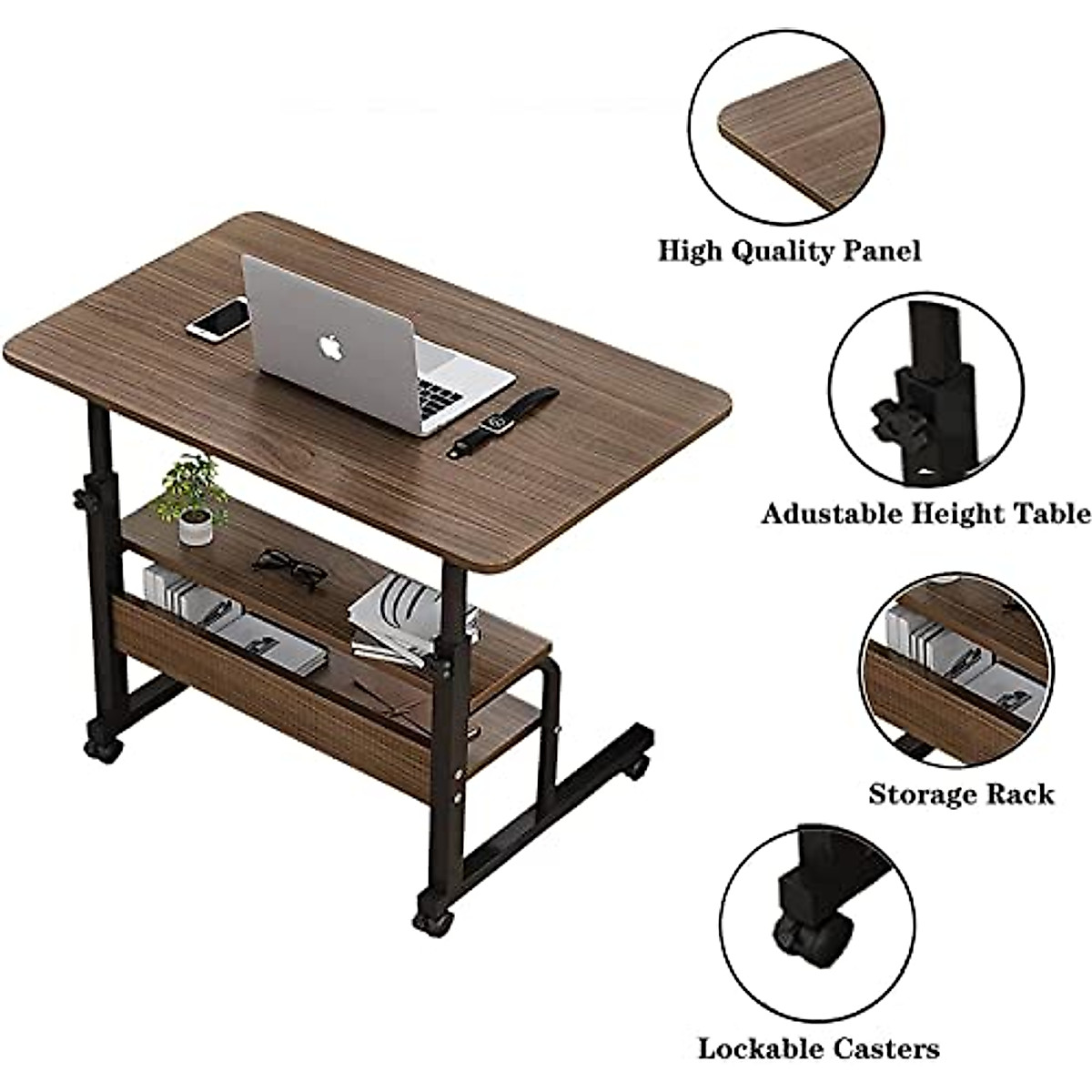 Adjustable Table Student Computer Desk Portable Home Office Furniture Small Spaces Sofa Bedroom Bedside Learn Play Game Desk on Wheels Movable with Storage Size 31.5 * 15.7 Inch Brown