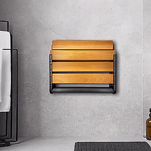 Koretech Teak Shower Bench, Folding Shower Seat Wall Mounted, Foldable Shower Chair for Home Care, 450 lbs Capacity (Black-Colored Stainless Steel, 13'' D x 17'' W x 11'' H)