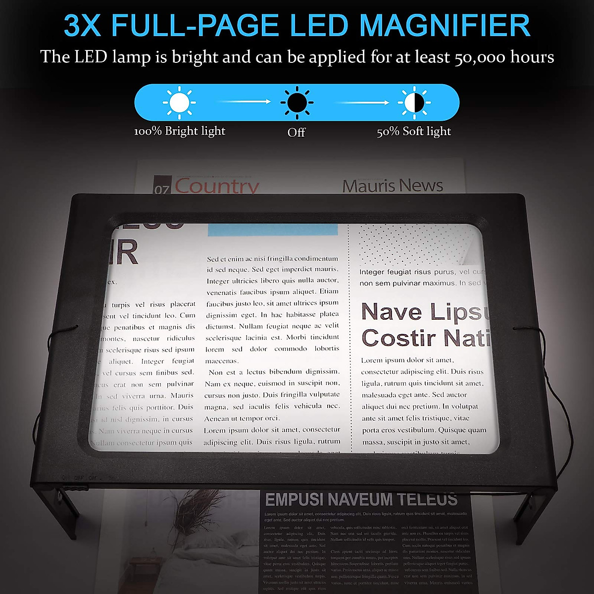Rectangular Page Magnifier with 12 LED Lights 3X Magnifying Glass Folding and Hands-Free Led Full-Page Magnifier with Dual Power Mode for Elder, Low Vision People to Read Small Prints