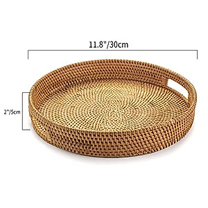 Rattan Round Serving Tray, Hand Woven Serving Basket with Cut - Out Handles, Wicker Fruit/Bread Serving Basket, 11.8 inch