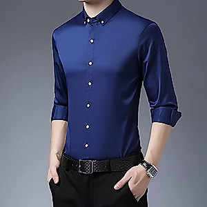 Men's Long Sleeve Stylish Shirts Solid Color Lightweight Slim Shirts Classic Business Button Down Dress Shirt (Dark Blue,Medium)