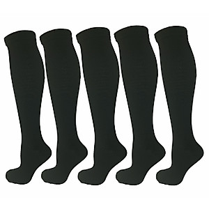 5 Pair Pack Knee-High Youth Compression Socks for Athletics; Basketball, Baseball, Softball, Soccer, Football, Running, Cross Country, MTB, Sports. Gift Set; All Black, Small-Fits ages 5-8