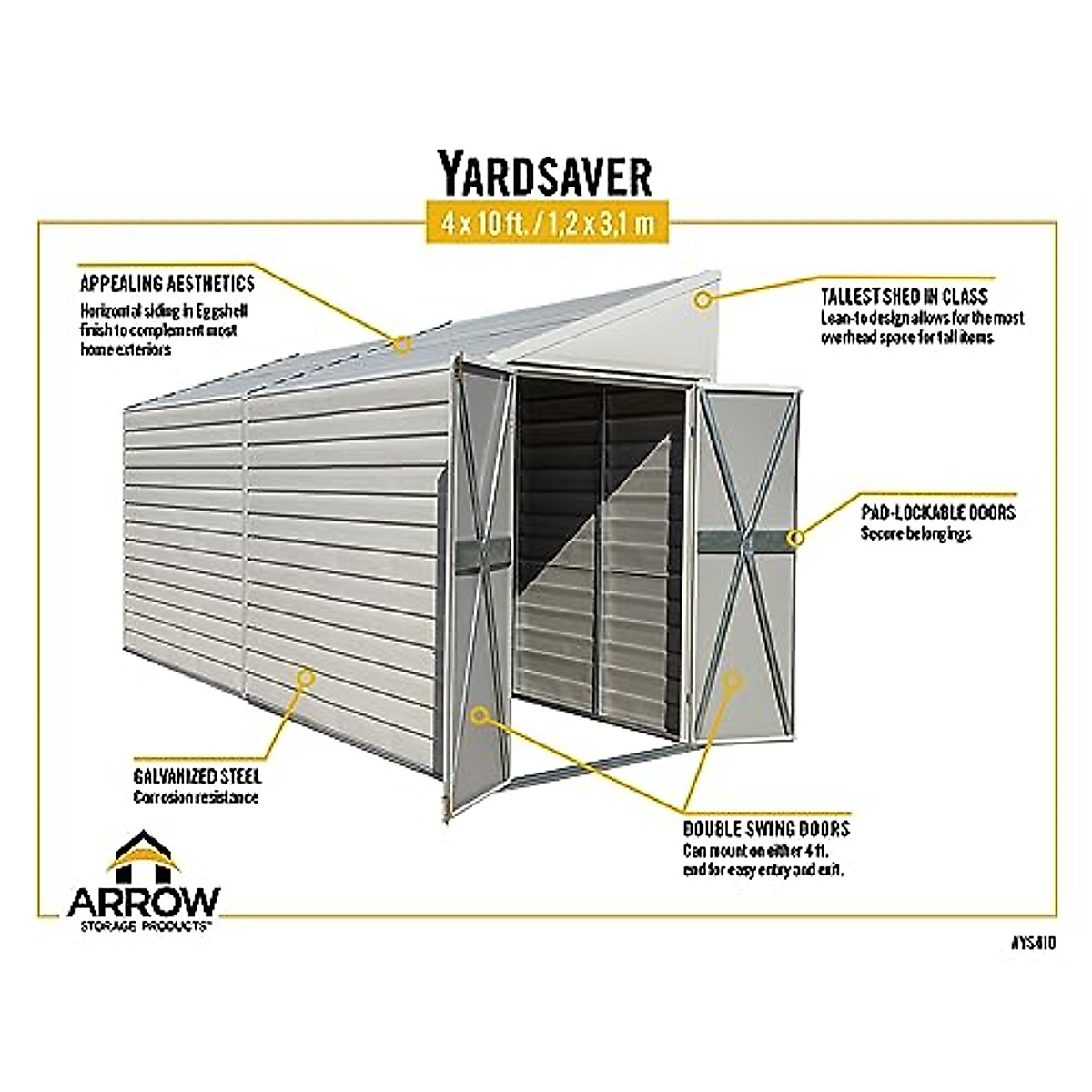 Arrow Shed Yardsaver Compact Galvanized Steel Storage Shed with Pent Roof, 4' x 10'