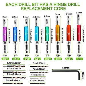 BicycleStore 17PCs Self Centering Drill Bit Set, Hex Shank Self Center Hinge Drill Bits Tool for Woodworking Window Door Hinge with 1 Hex Key, 8 Drill Bits 5/64'' 7/64'' 9/64'' 11/64'' 13/64'' 5