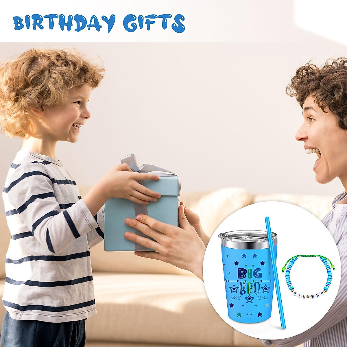 Maxcheck 2 Pcs Big Brother Gift Brother Christmas 12 oz Big Brother Cup Stainless Steel Mug Blue Vacuum Insulated with Leak Proof Lid and Straw Big Brother Bracelet for Little Boy