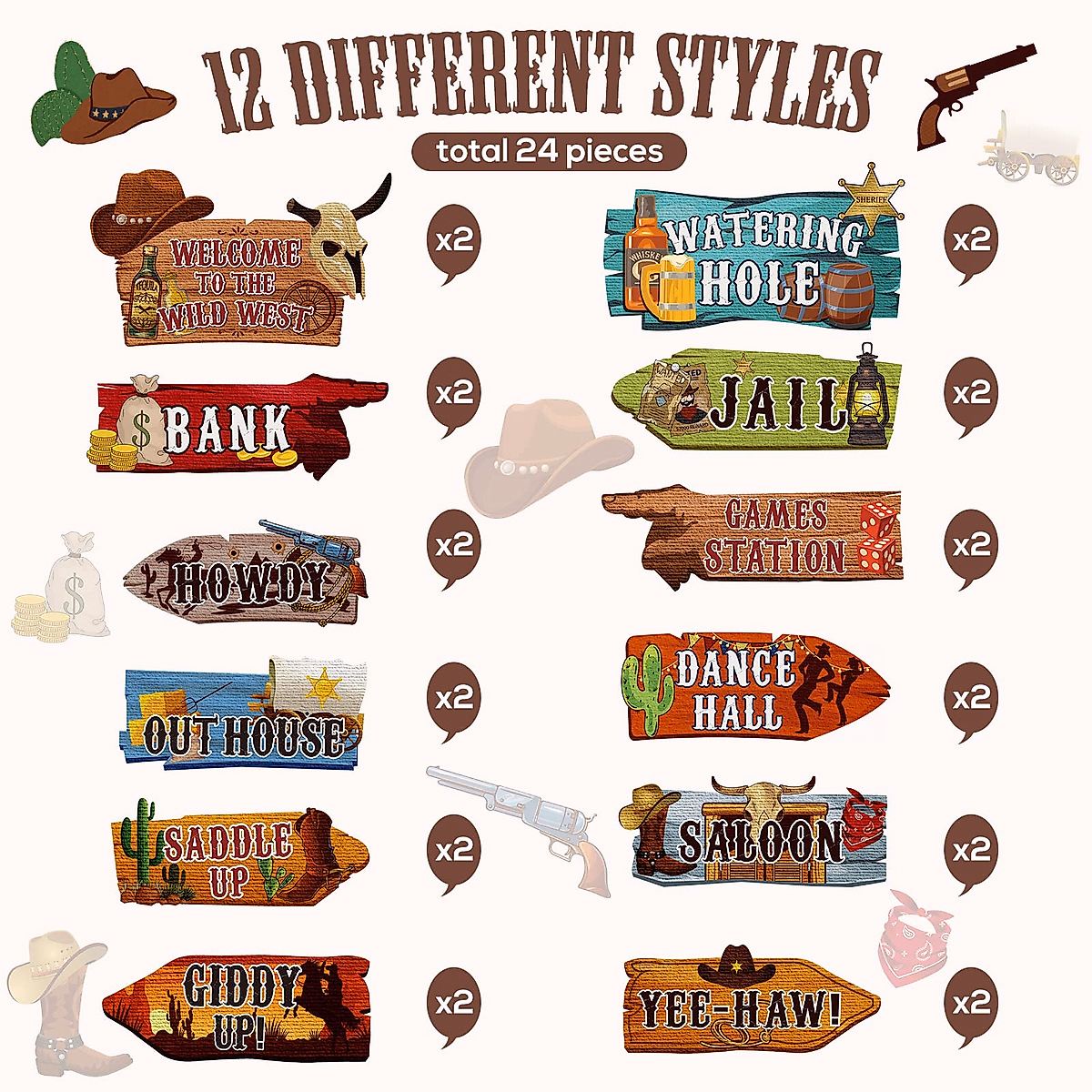 Faccito 24 Pcs Western Party Directional Sign Yard Cowboy Rodeo Theme Cutouts Wild West Welcome Sign Decor for Western Birthday Photo Props Backdrop Wall Party Decorations(null)