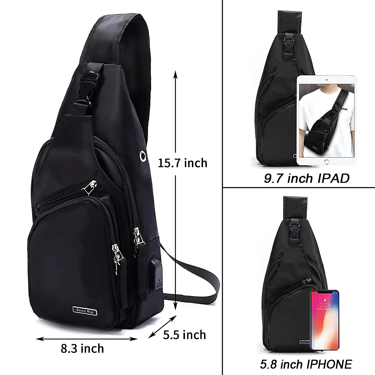 Men Sling Backpack Nylon Water Resistant Shoulder Chest Crossbody Sling Bag with USB Charging Port Black