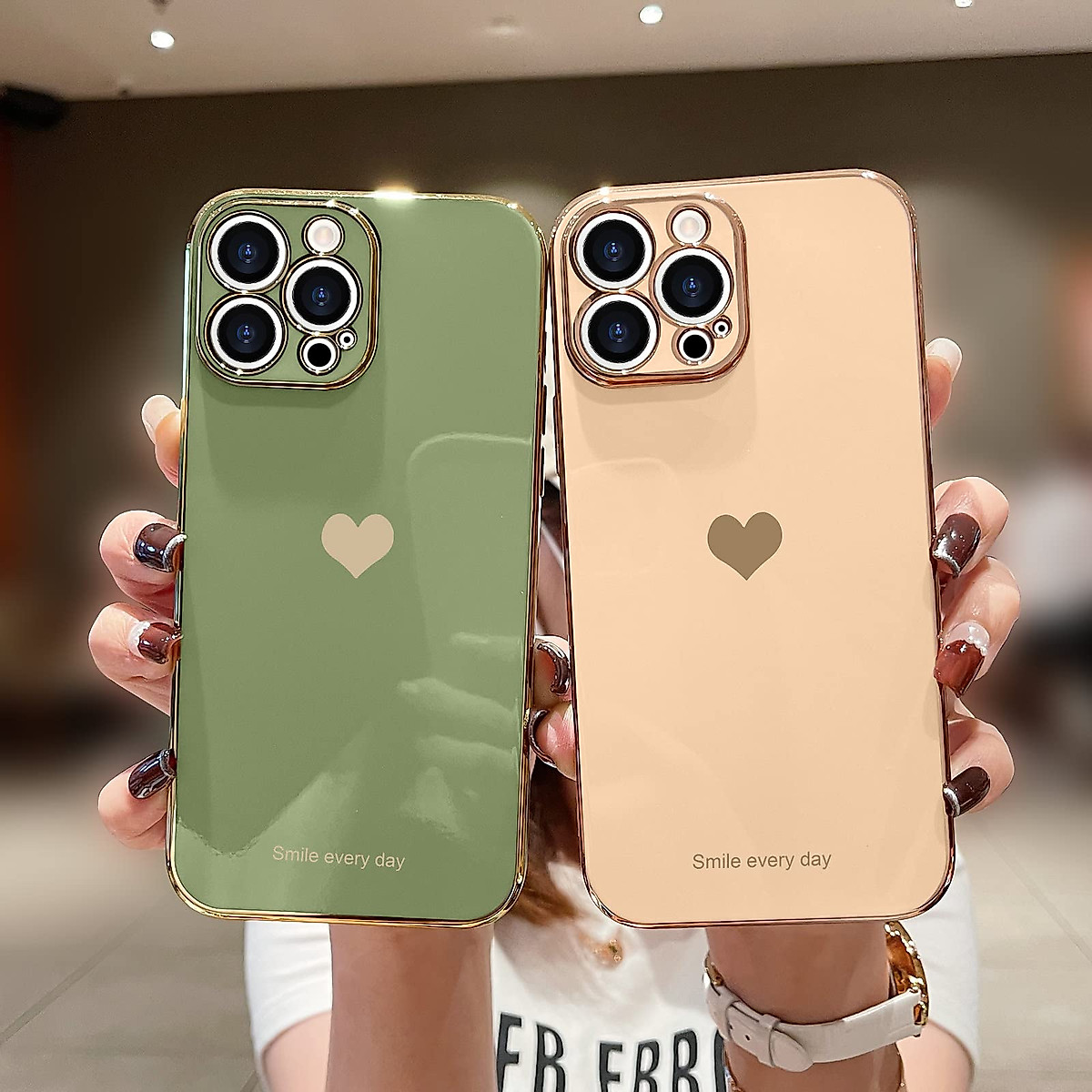 Teageo for iPhone 13 Pro Max Case for Women Girl Cute Love Heart Luxury Plating Soft Bling Back Cover Raised Camera Protection Bumper Silicone Shockproof Phone Case for iPhone 13 Pro Max, Light Green