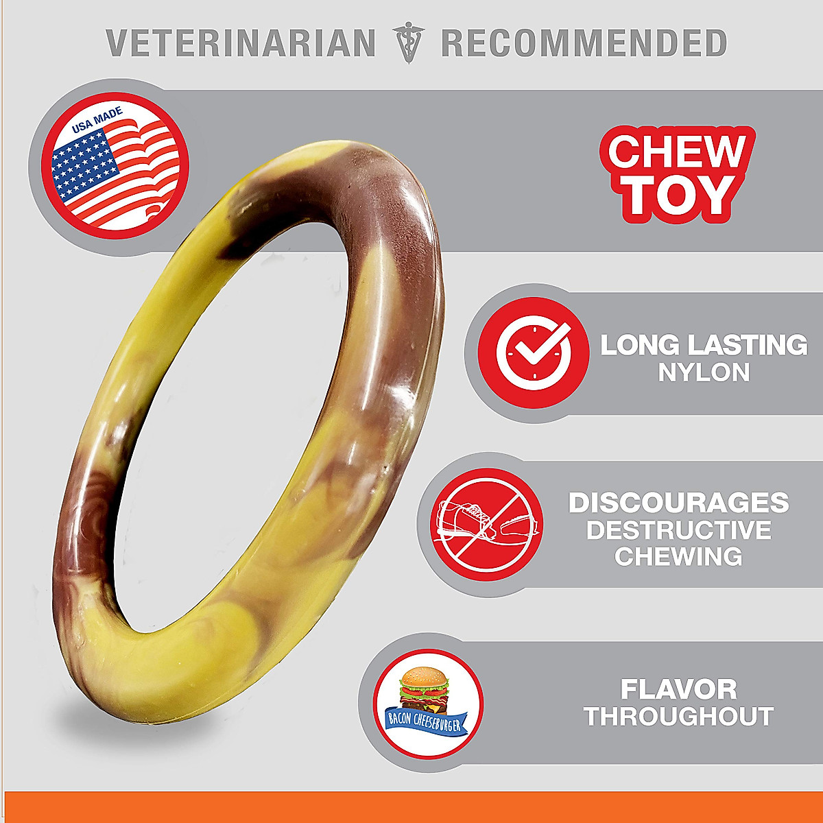 Nylabone Power Chew Flavor Frenzy Ring Chew Toy for Dogs, Indestructible Chew Toys for Aggressive Chewers, Bacon Cheeseburger Flavor, Large/Giant - Up to 50 lbs. (1 Count)