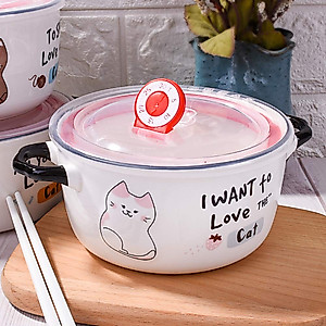 Whitenesser Microwave Ceramic Soup Bowl with Lid and Handles, Cute Cartoon Cat Cereal Bowl for Soup Instant Noodle (Pink)