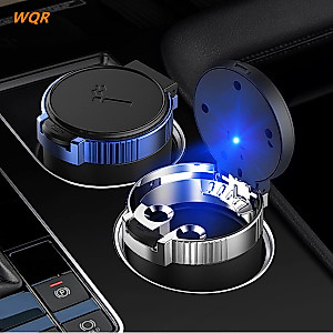 WQR Car Ashtray with Lid Portable Ash Tray Blue Mini Car Trash Can with LED Blue Light Windproof for Outdoor Travel (Blue)