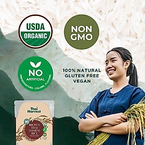 THAI HARVEST 100% USDA Organic Brown Jasmine Rice 7 Ounce (Pack of 8) Microwaveable 90 Seconds Ready to Eat Instant Jasmine Rice for Quick Dinner Meals Zero Preservatives Gluten Free