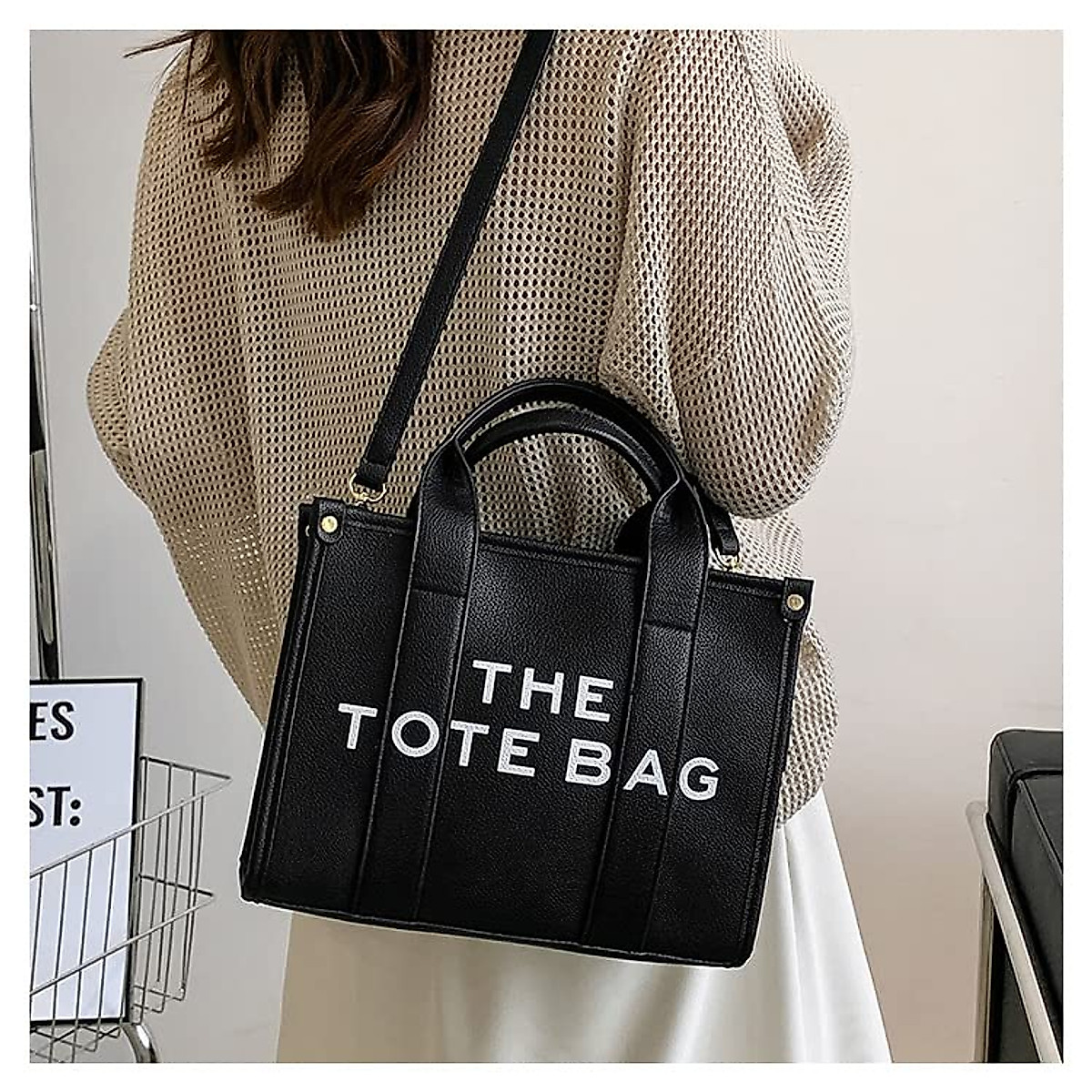 NEGBIU Tote Bags for Women, Leather Mini Tote Bag with Zipper, Shoulder/Crossbody/Handbag（10.2 * 7.8 * 3.5in (Black)