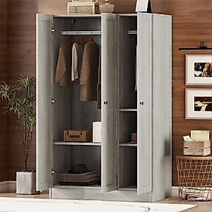 Bellemave 3 Doors Wardrobe Armoire, Armoire Wardrobe Closet with Hanging Rod, Wood Clothes Storage Cabinet Organizer, 3-Door Wardrobe Closet with Doors, Gray