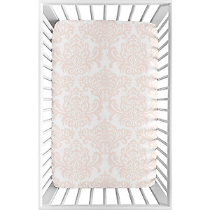 Sweet Jojo Designs Damask Baby Girl Fitted Portable Crib Sheet for Amelia Collection, for Mini Crib or Pack & Play Only, Blush Pink and White