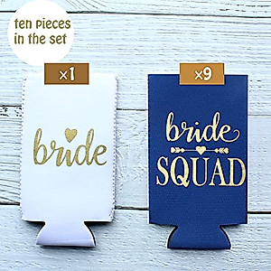PartyGifts&Beyond 10Packs Bridemaids Can Cooler, Bride Squad Can Sleeve for Bachelorette Party Decoration(Navy Blue), 14*9