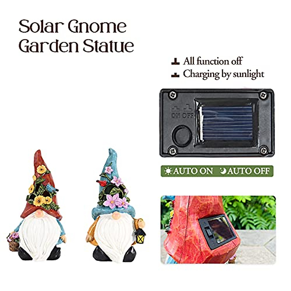 AOC 2pcs Garden Gnome Solar Statue, 10.2 Inch Resin Gnomes Figurine with Solar Powered Lights Funny Gnomes Garden Decorations, for Outdoor Patio Yard Lawn Backyard Decor
