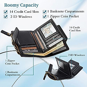 GSG Small Womens Wallet Leather Credit Card Holder, RFID Blocking Bifold Ladies Pocket Wallet with Zipper Coin Pocket, Black